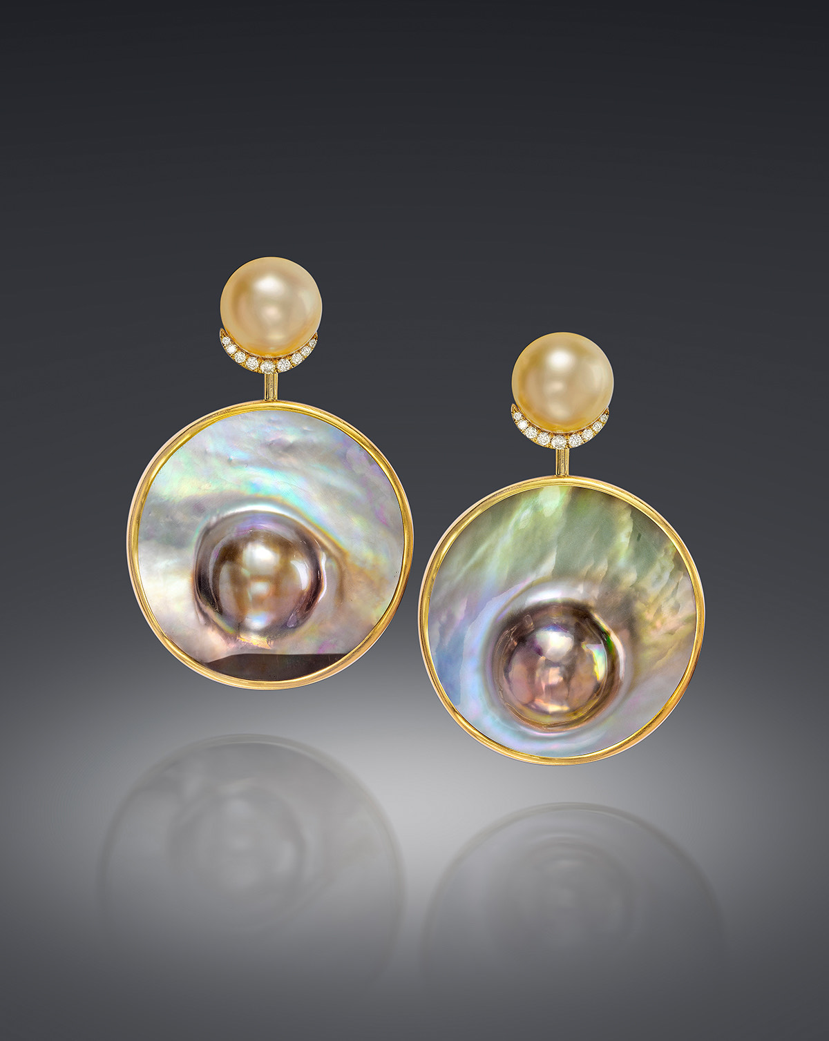 Fijian Shell, Golden South Sea Pearl & Diamond Earrings - Assael